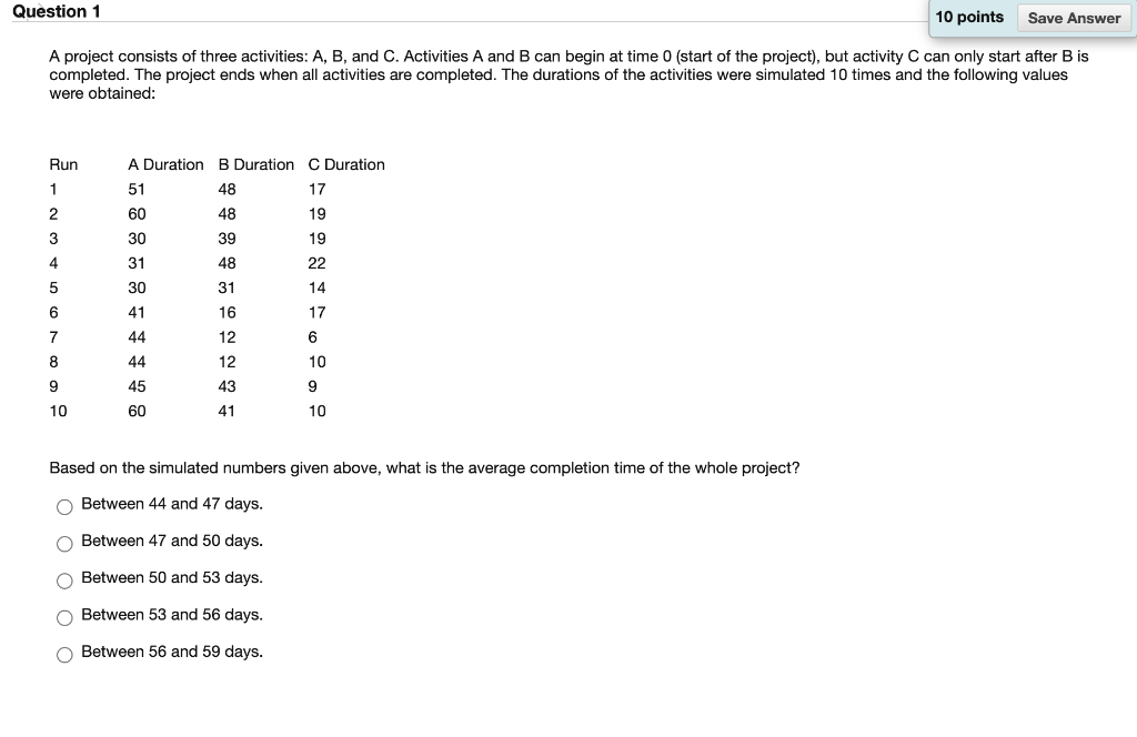 Solved Question 1 10 points Save Answer A project consists | Chegg.com