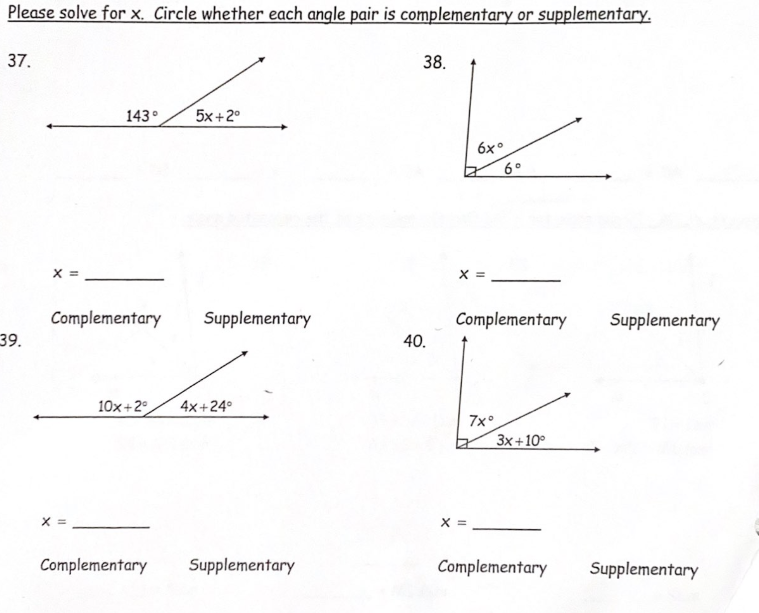 Solved Please solve for x. Circle whether each angle pair is | Chegg.com
