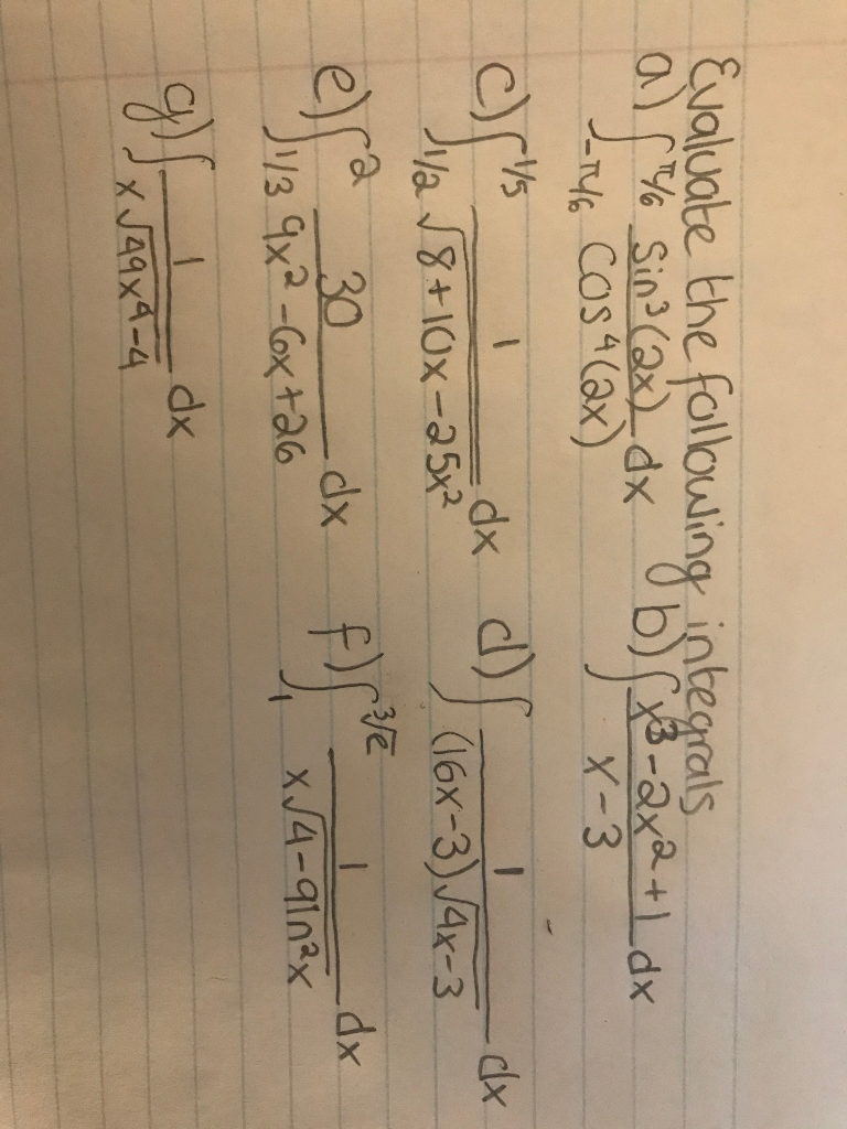 Solved assist Evaluate the following integrals T/6 Sin3 (2x) | Chegg.com