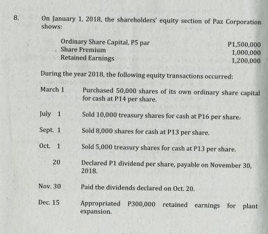Solved 8. 8. On January 1, 2018, the shareholders' equity | Chegg.com