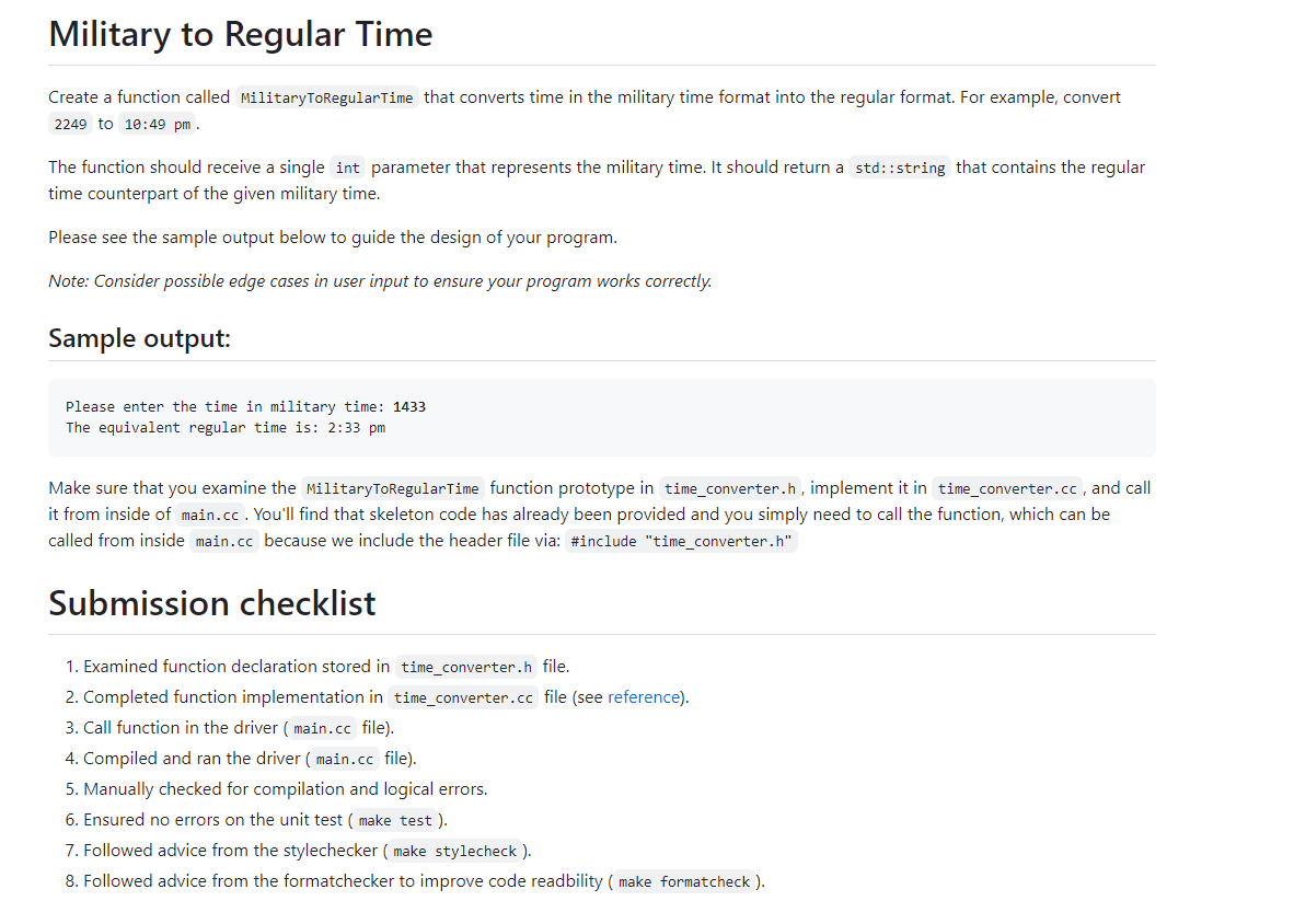 Solved Create a function called MilitaryToRegularTime that | Chegg.com