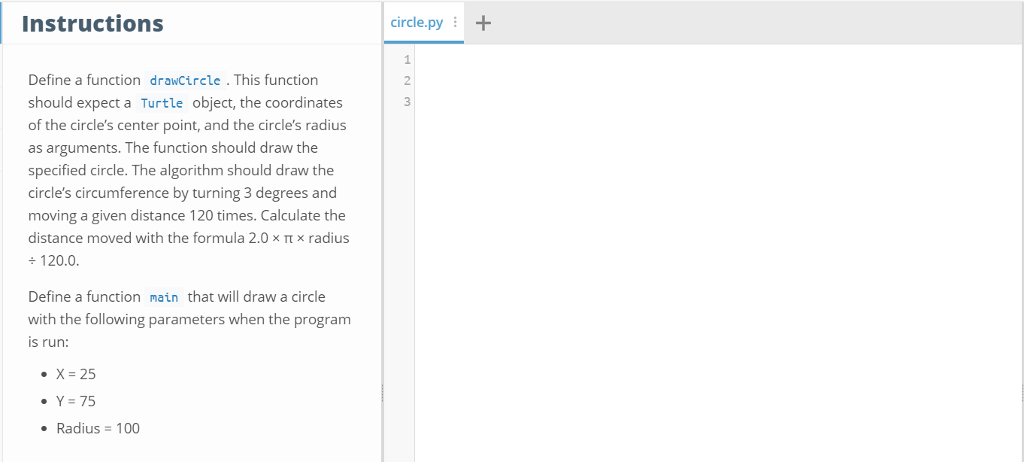 Solved Instructions ircle.py+ 1 2 3 Define a function | Chegg.com