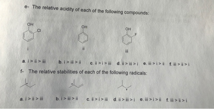 Solved e- The relative acidity of each of the following | Chegg.com