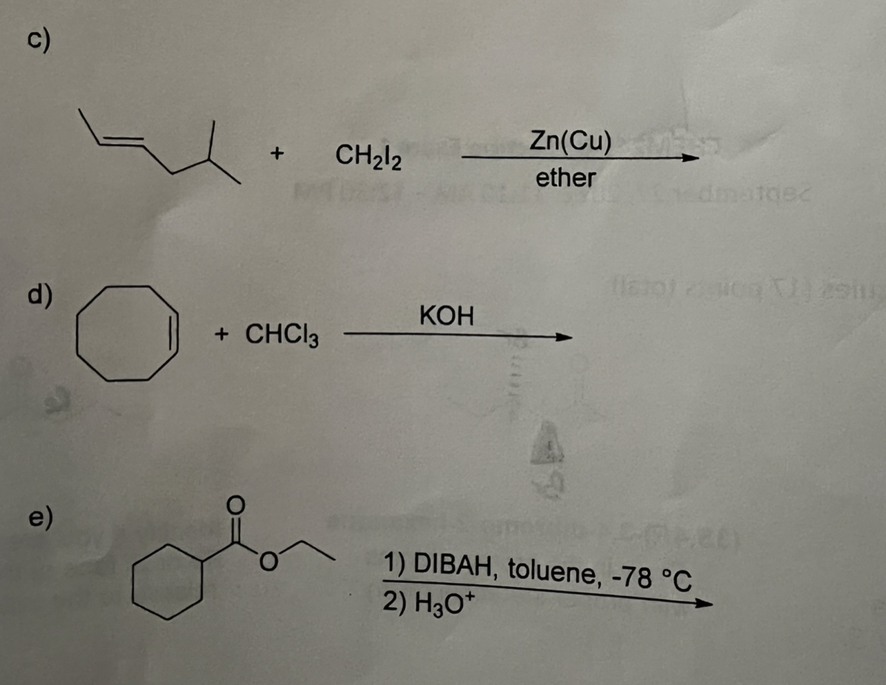 Solved c) CH2I2 ether Zn(Cu) d) e) | Chegg.com