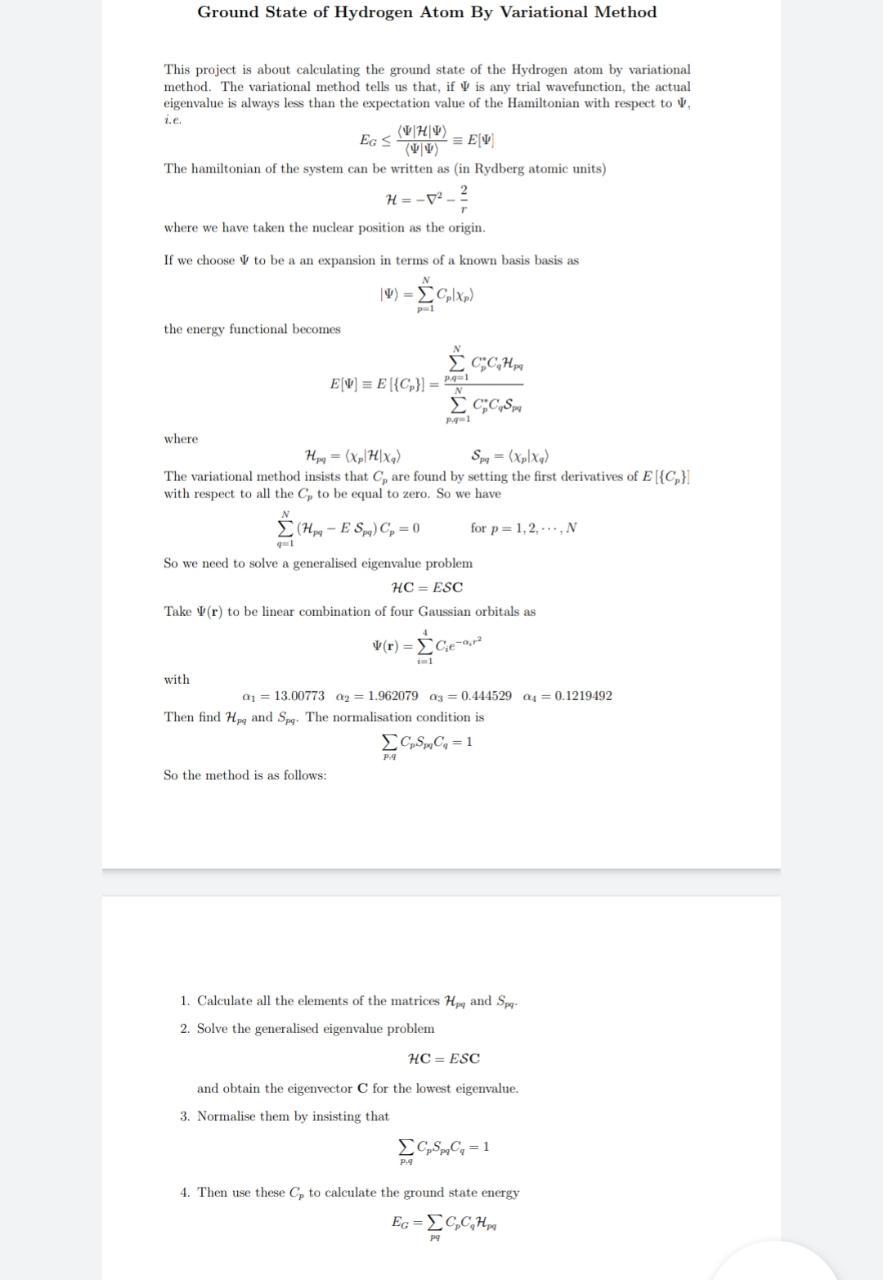Ground State of Hydrogen Atom By Variational Method | Chegg.com