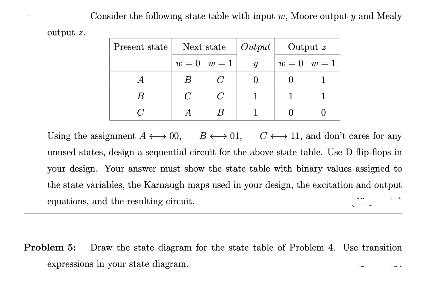 Solved Consider the following state table with input w, | Chegg.com