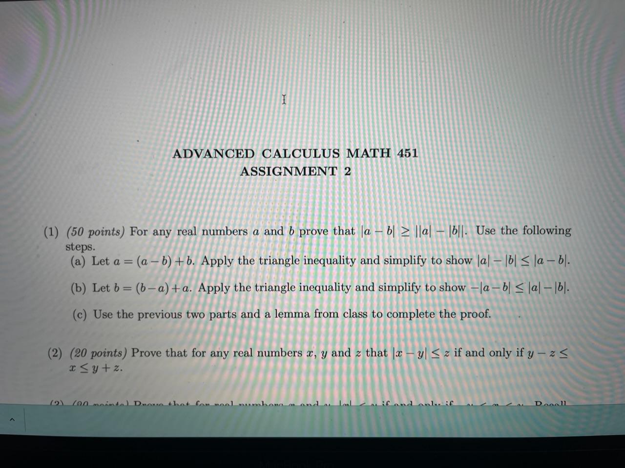 Solved ADVANCED CALCULUS MATH 451 ASSIGNMENT 2 (1) (50 | Chegg.com