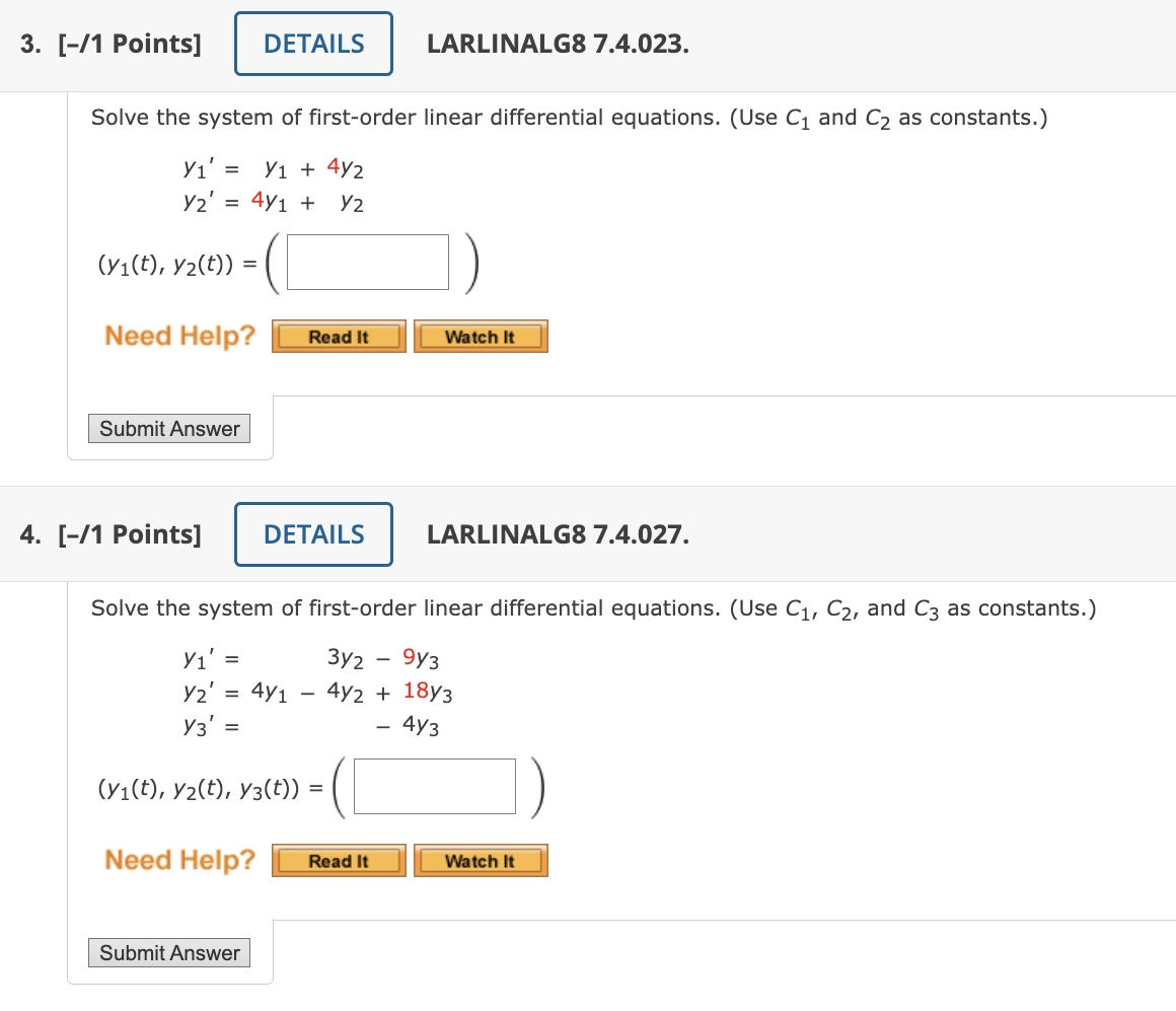 Solved 3. [-/1 Points] LARLINALG8 7.4.023. Solve the system | Chegg.com