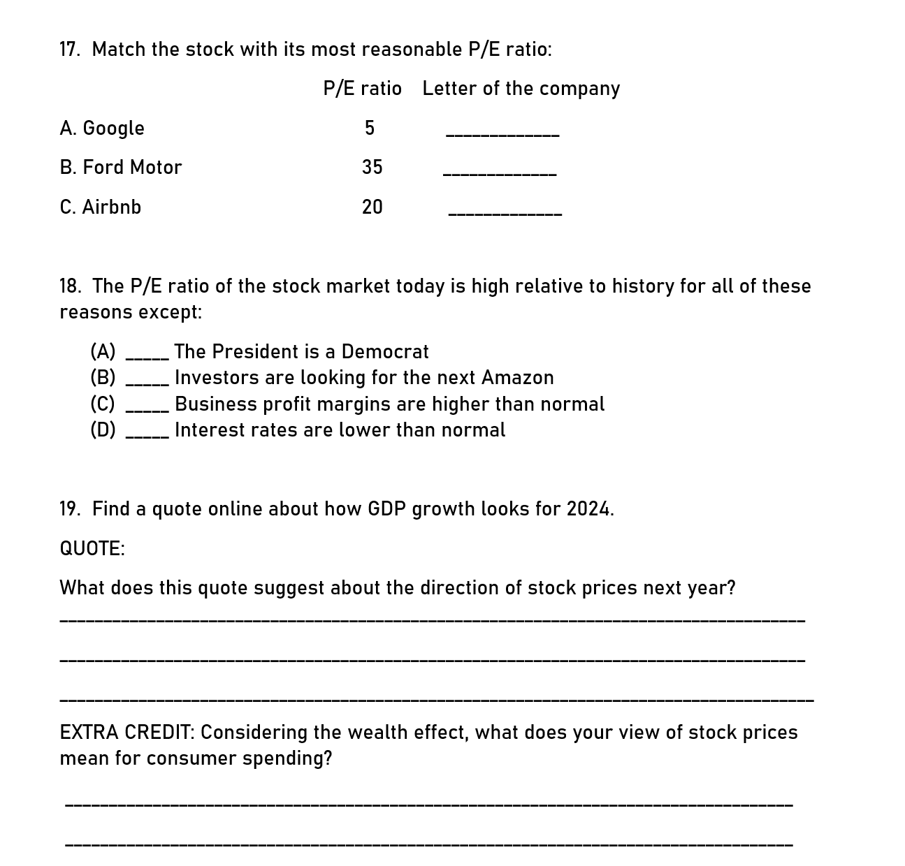 Solved 17. Match the stock with its most reasonable P/E | Chegg.com