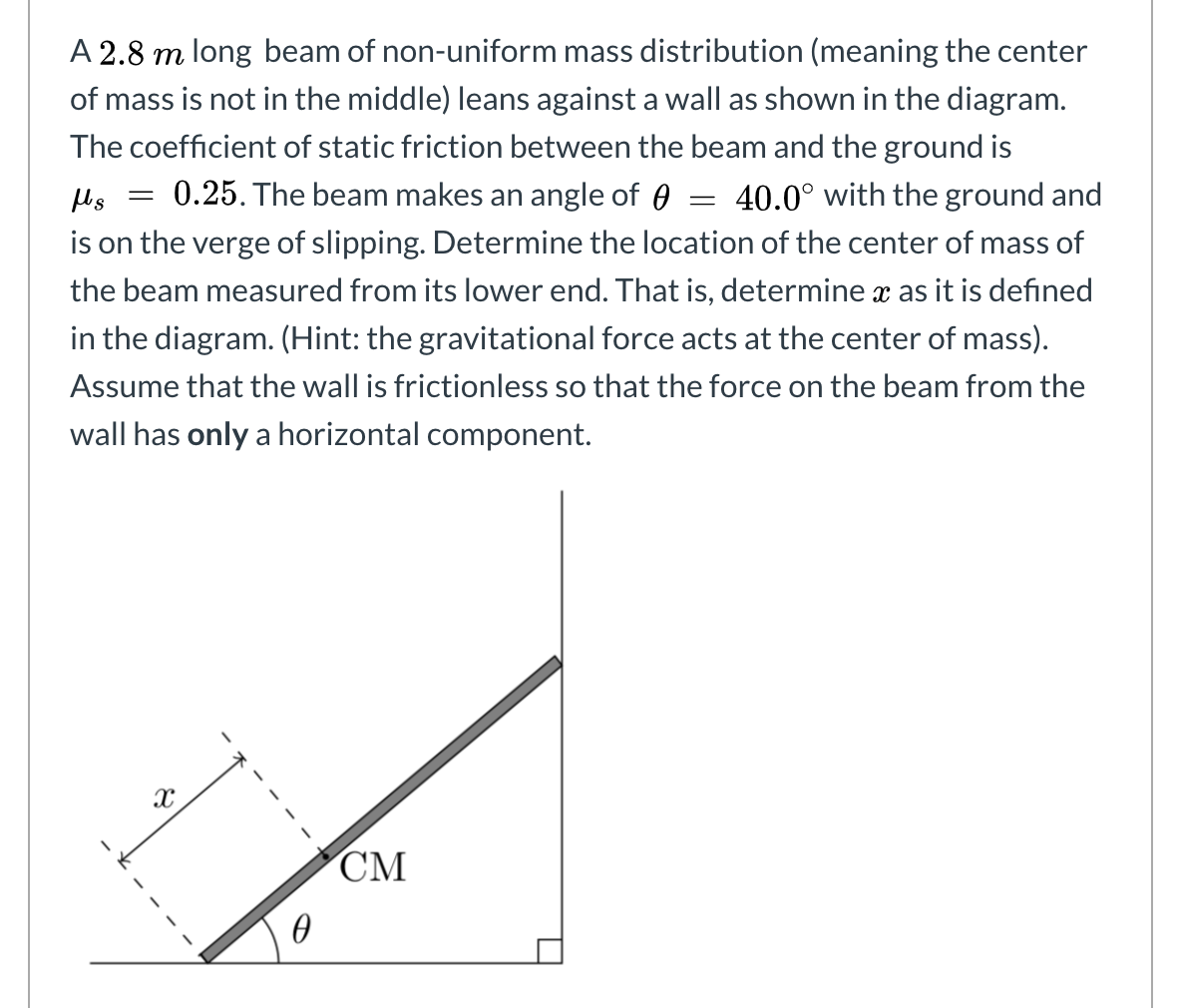 Solved A2.8 m long beam of non-uniform mass distribution | Chegg.com