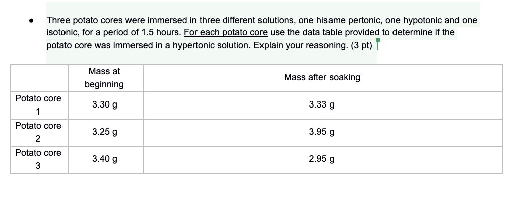 Solved . Three potato cores were immersed in three different | Chegg.com