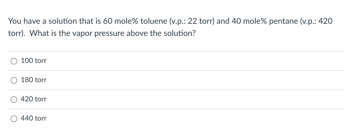 Solved You have a solution that is 60 mole\% toluene (v.p.: | Chegg.com