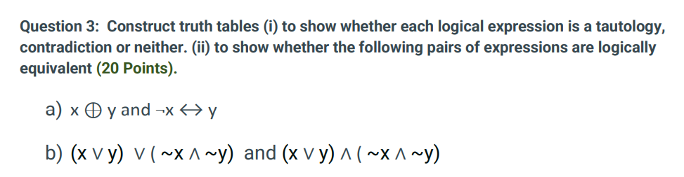 Solved Question 3: Construct truth tables (i) to show | Chegg.com