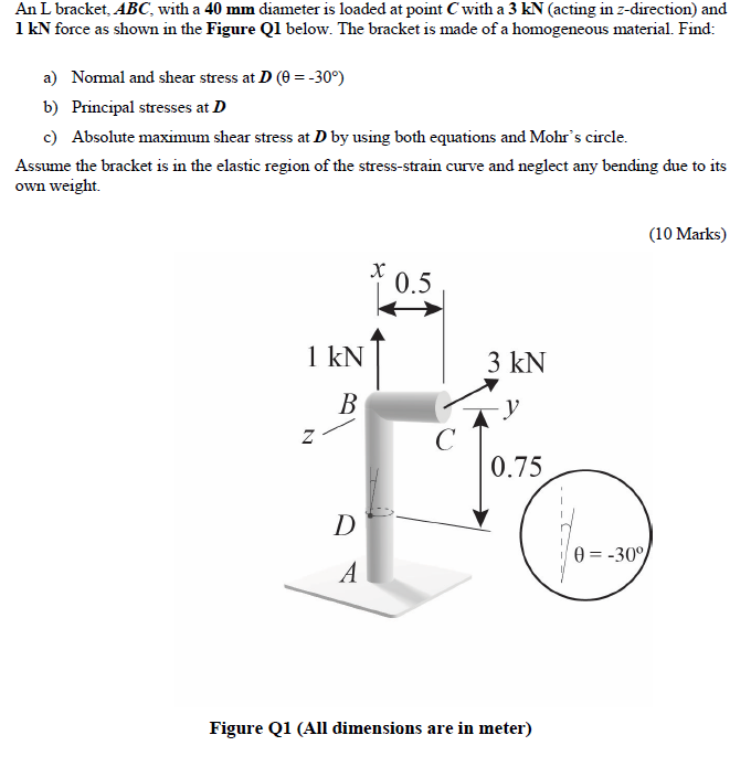 Solved An L bracket, ABC, with a 40mm diameter is loaded at | Chegg.com