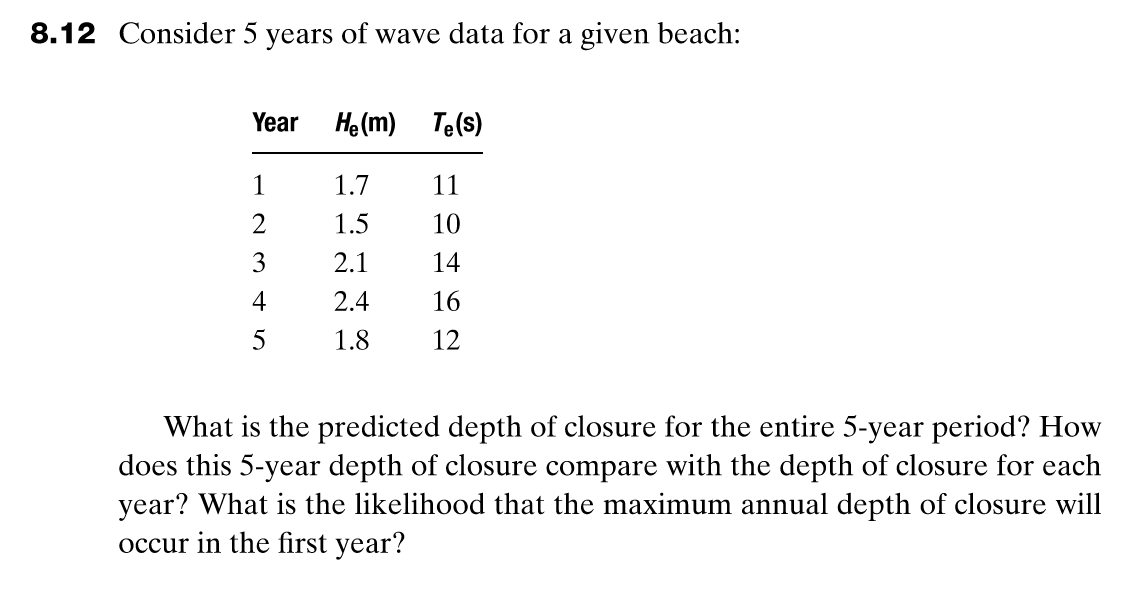 Solved 8.12 Consider 5 years of wave data for a given beach: | Chegg.com