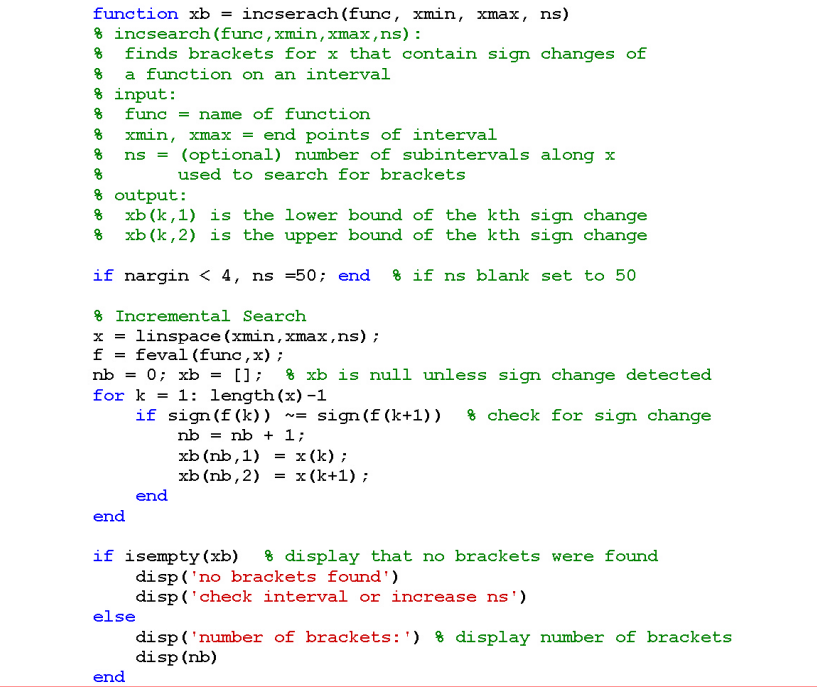 function xb = incserach(func, xmin, xmax, ns) % | Chegg.com