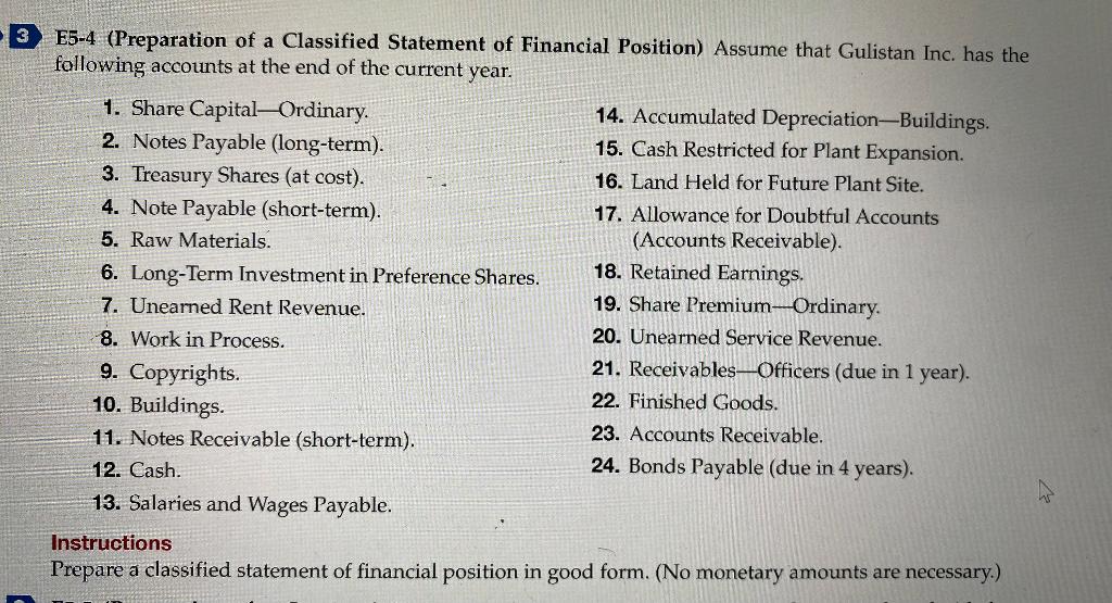 Solved 3 E5-4 (Preparation of a Classified Statement of | Chegg.com