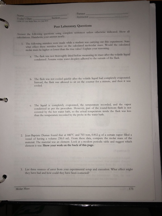 Solved Name Today's Date Partner Instructor Section Post | Chegg.com