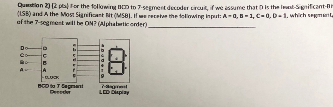Solved Question 2) (2 pts) For the following BCD to | Chegg.com