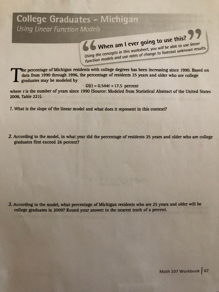 Solved College Graduates - Michigan Using Linear Function | Chegg.com