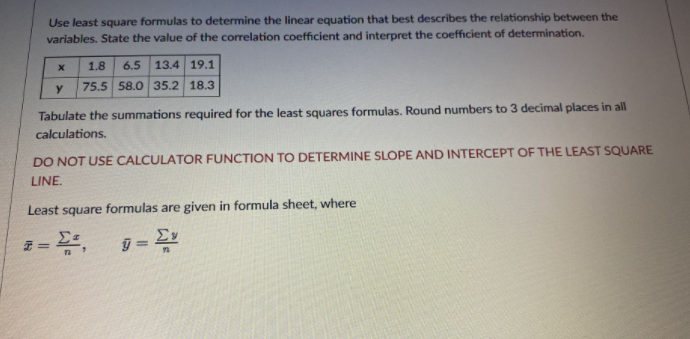 Solved Use least square formulas to determine the linear | Chegg.com