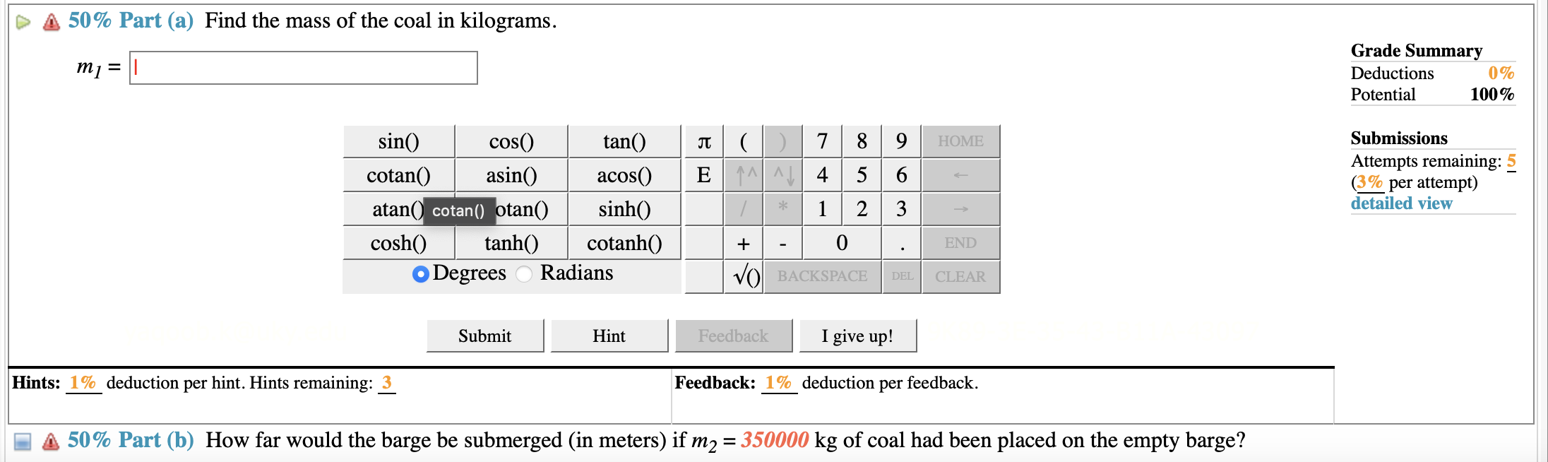 Solved (11\%) Problem 7: A barge floating in fresh water | Chegg.com