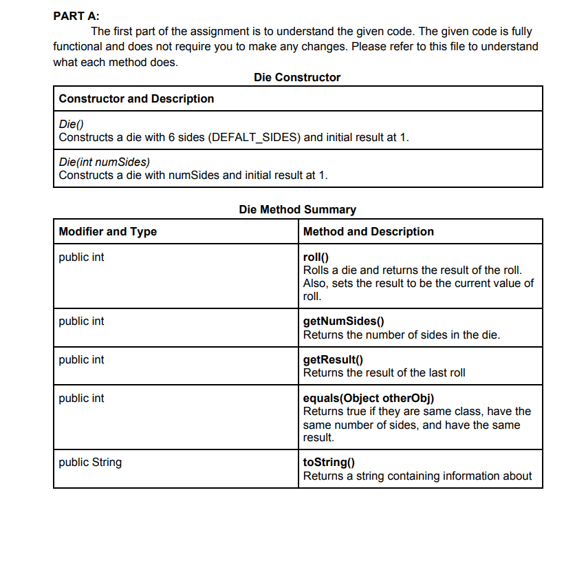 Solved JAVA LANG - Die.java is attached and i need to create | Chegg.com