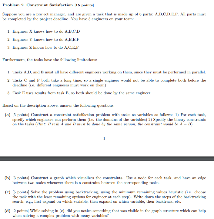 Problem 2. Constraint Satisfaction [15 points) | Chegg.com
