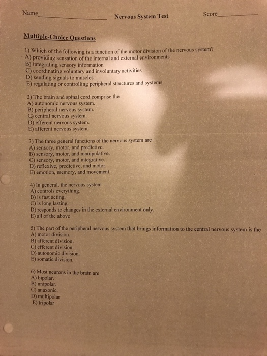 Solved Name Score Nervous System Test Multiple-Choice | Chegg.com
