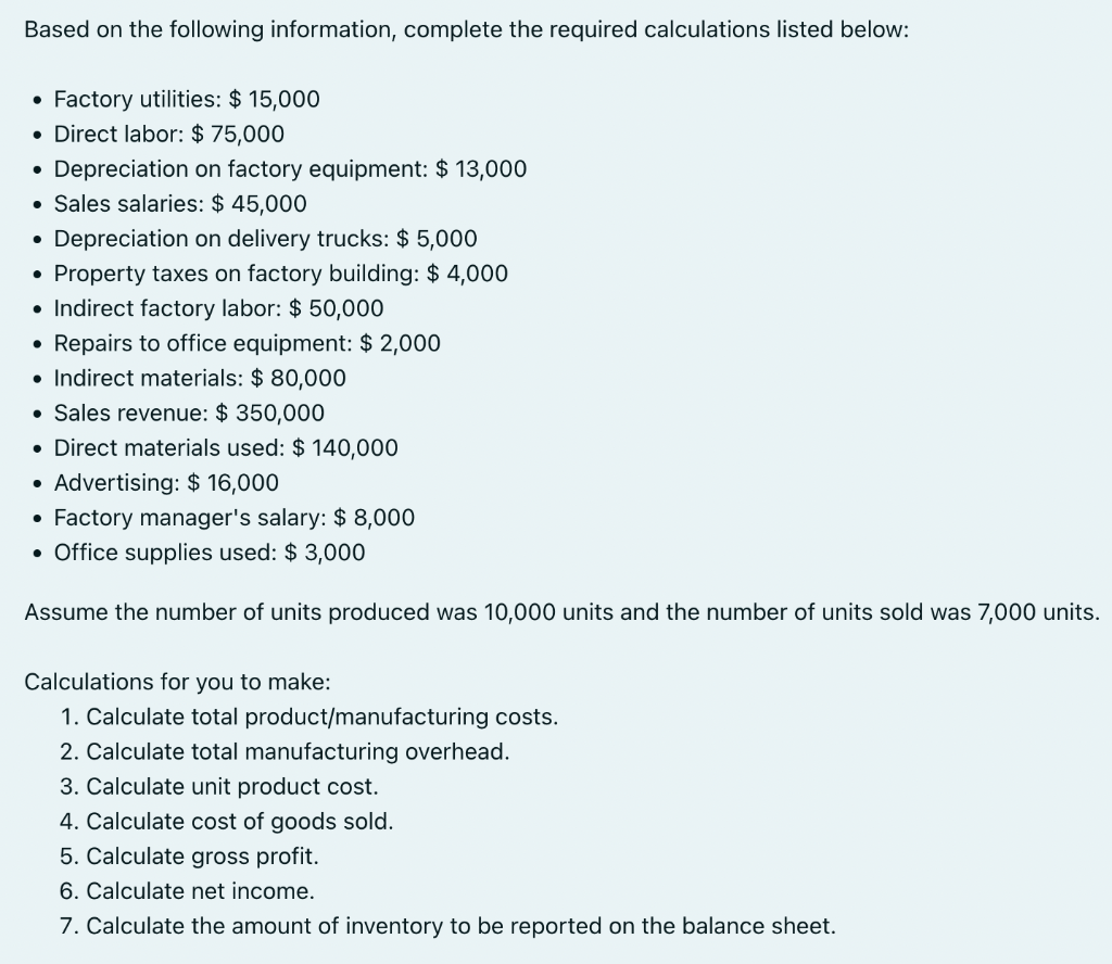 Solved Assume the number of units produced was 10,000 units | Chegg.com