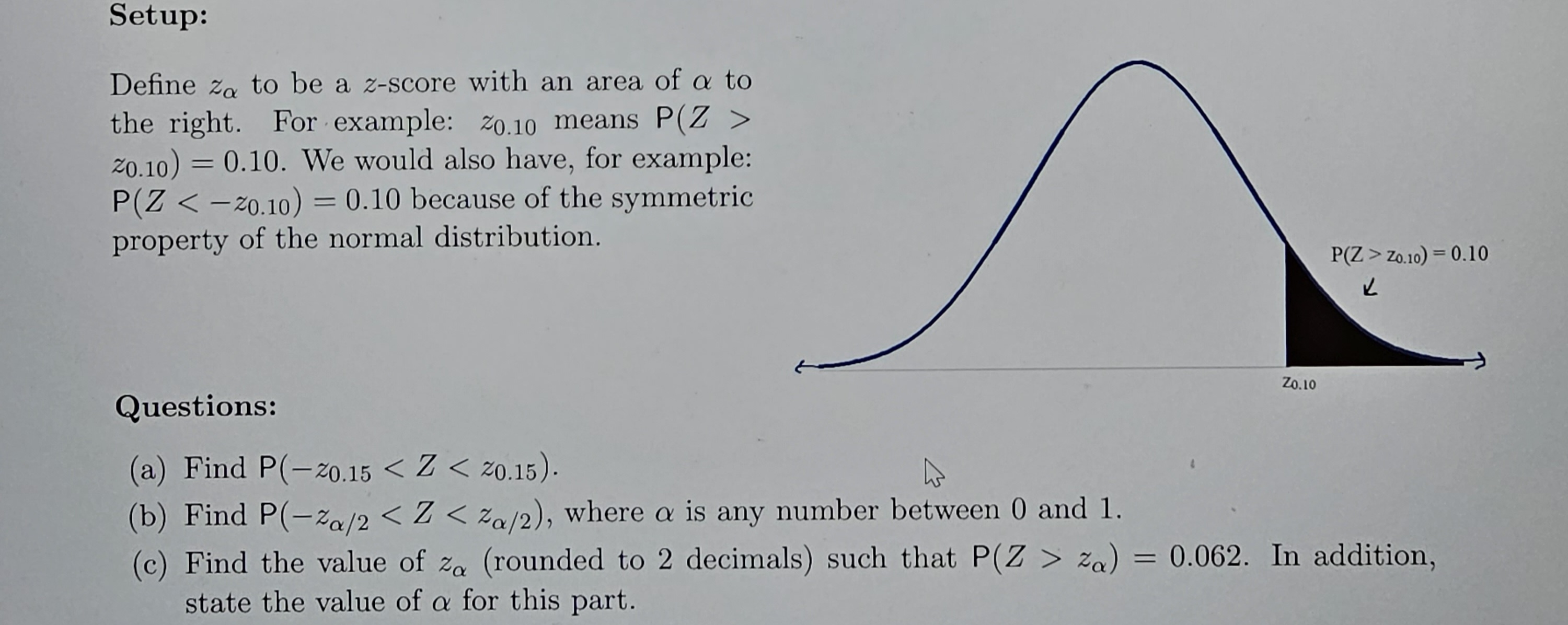 Solved Define zα to be a z-score with an area of α to the | Chegg.com