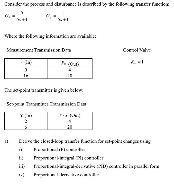 Solved Consider the process and disturbance is described by | Chegg.com