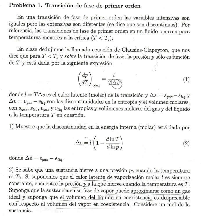 Solved Problema 1. Transición de fase de primer orden En una | Chegg.com