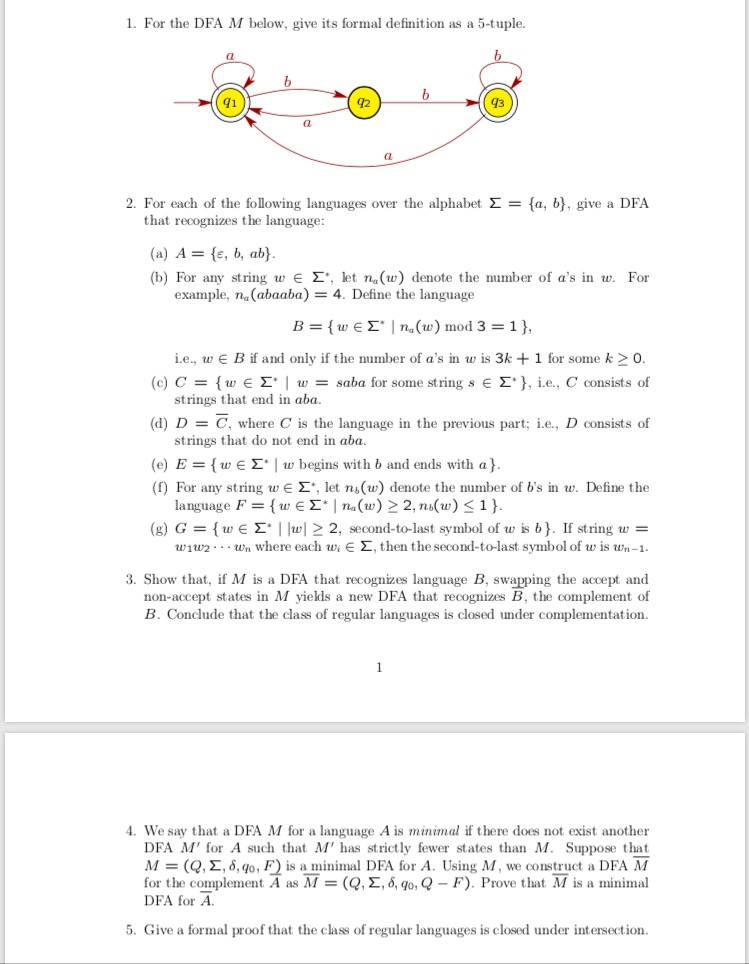 Solved 1. For the DFA M below, give its formal definition as | Chegg.com