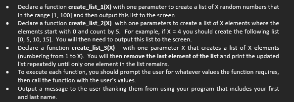 Solved - Declare a function create_list_1(X) with one | Chegg.com