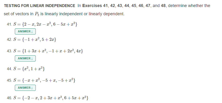 Solved TESTING FOR LINEAR INDEPENDENCE In Exercises 41, 42, | Chegg.com
