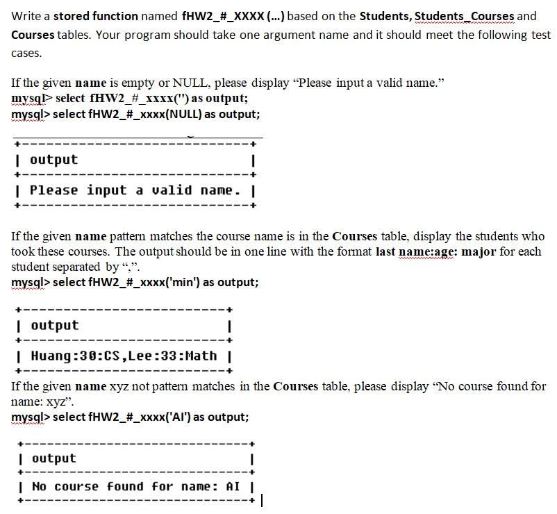 Solved Write a stored function named fHW2_#_XXXX (...) based | Chegg.com