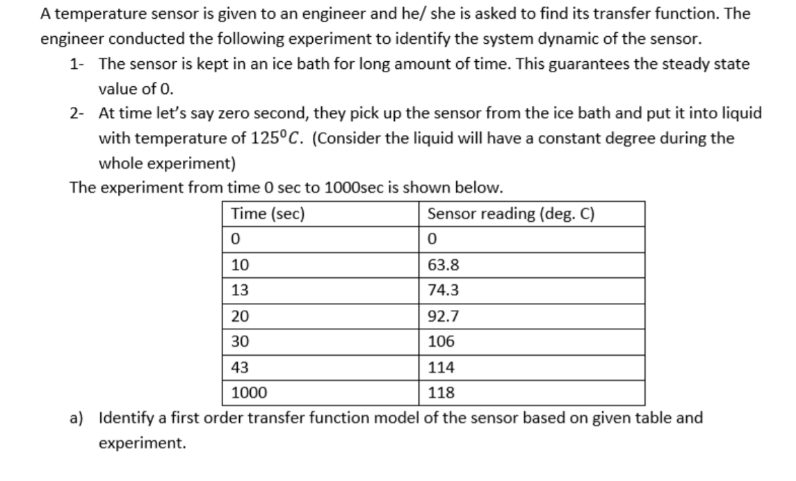 Solved A temperature sensor is given to an engineer and | Chegg.com