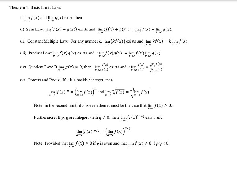 Solved Theorem 1: Basic Limit Laws If lim f(x) and lim g(x) | Chegg.com