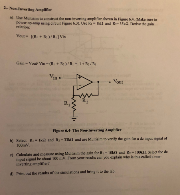Solved 2- Non-Inverting Amplifier a) Use Multisim to | Chegg.com