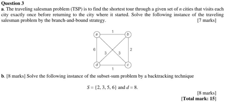 Solved Question 3 a. The traveling salesman problem (TSP) is | Chegg.com