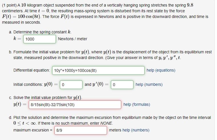 Solved (1 point) A 10 kilogram object suspended from the end | Chegg.com