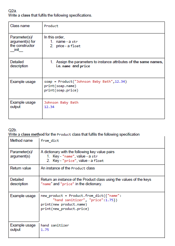 Solved Q2a. Write a class that fulfils the following | Chegg.com