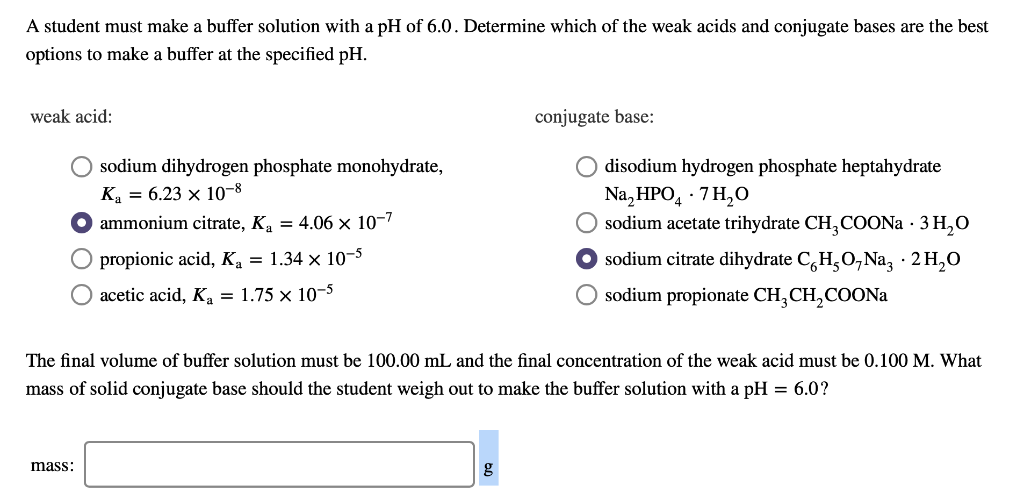 Solved A student must make a buffer solution with a pH of | Chegg.com