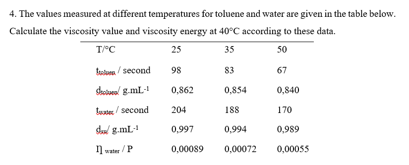 Solved 4. The values measured at different temperatures for | Chegg.com