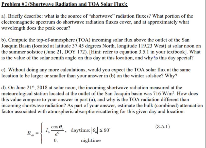 Solved Problem #2 (Shortwave Radiation and TOA Solar Flux): | Chegg.com