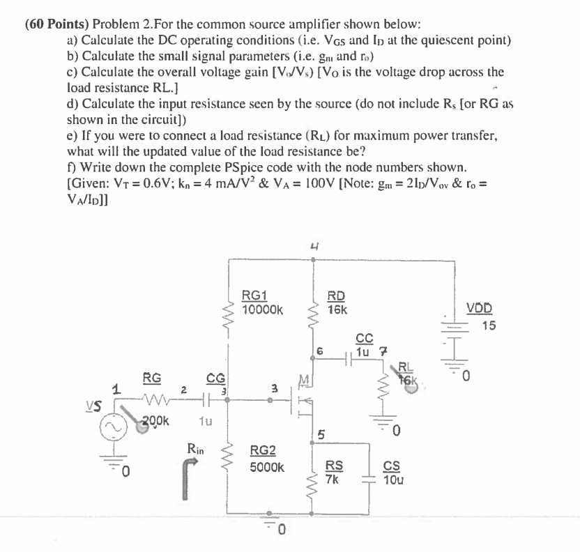 Solved (60 Points) Problem 2.For the common source amplifier | Chegg.com