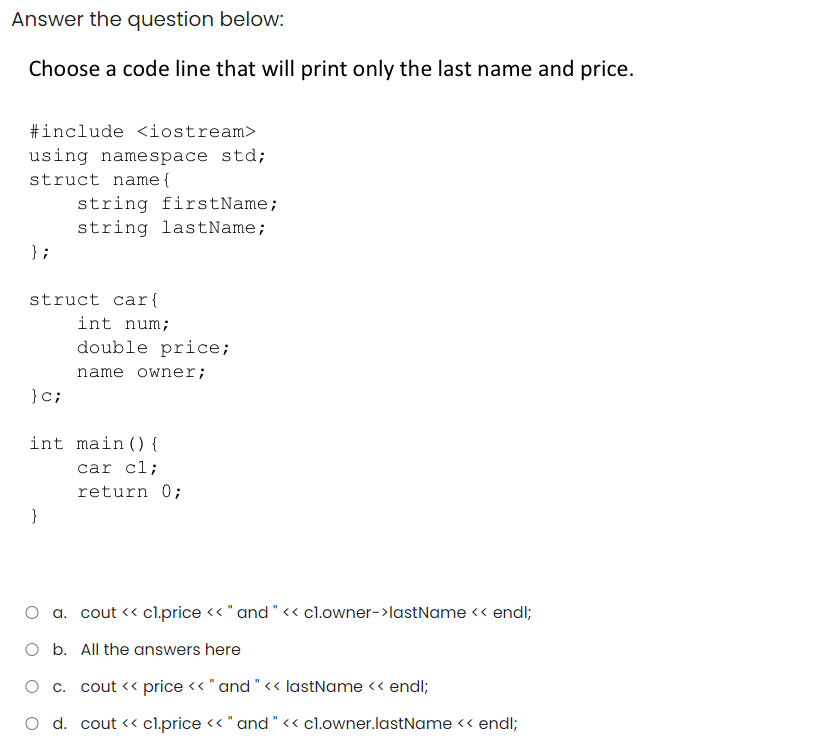 Solved Answer the question below: Choose a code line that | Chegg.com