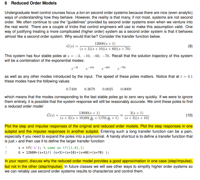 Solved 6 Reduced Order Models Undergraduate level control | Chegg.com