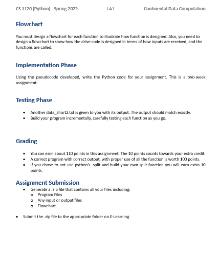 Solved CS 1120 (Python) - Spring 2022 LA1 Continental Data | Chegg.com